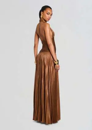 Retrofete Orlina Lamé Halterneck Dress - Sepia