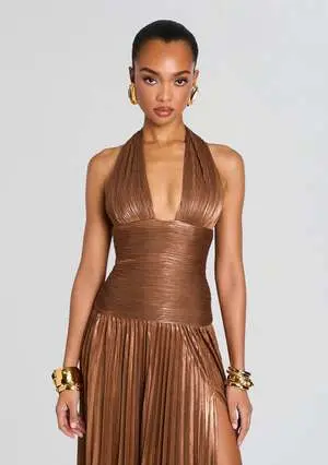 Retrofete Orlina Lamé Halterneck Dress - Sepia