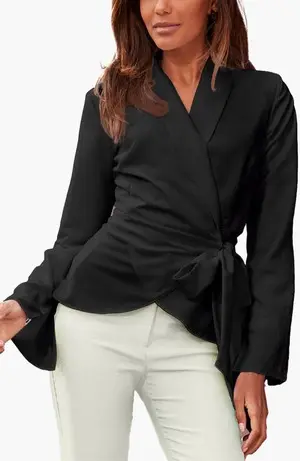 LASCANA Lapel Wrap Blouse With Long Sleeves And V-neck - Black