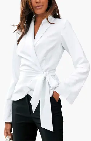 LASCANA Lapel Wrap Blouse With Long Sleeves And V-neck - White