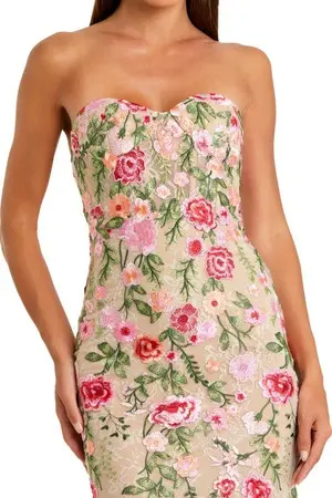 Mac Duggal Floral Embroidered Strapless Bustier Gown