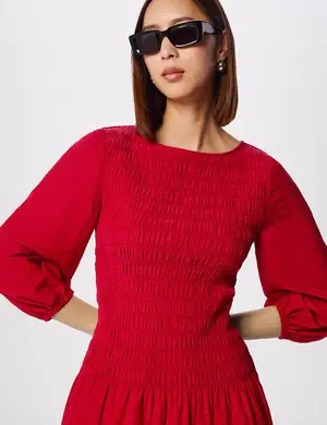 Whistles Smocked Bodice Midi Dress - Red
