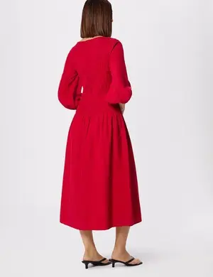 Whistles Smocked Bodice Midi Dress - Red