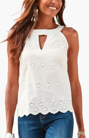 LASCANA Sleeveless Eyelet Lace Halter Neck Blouse - Cream