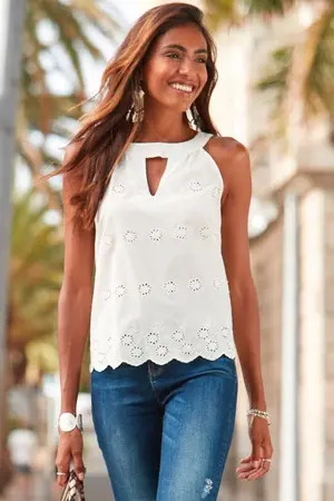 LASCANA Sleeveless Eyelet Lace Halter Neck Blouse - Cream