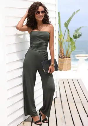 LASCANA Strapless Ruched Bodice Jumpsuit - Olive