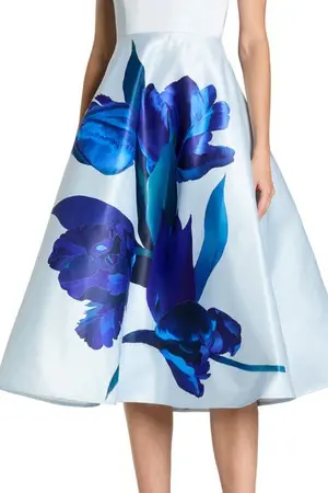 Mac Duggal Strapless Satin Midi Dress With Floral Print - Blue Multi