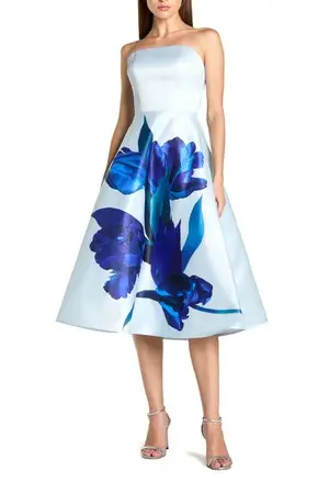 Mac Duggal Strapless Satin Midi Dress With Floral Print - Blue Multi