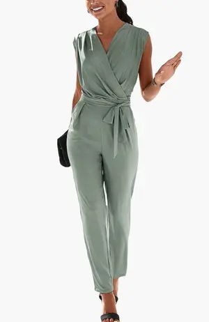LASCANA Sleeveless Wrap Look Jumpsuit With Self-tie Belt - Jade