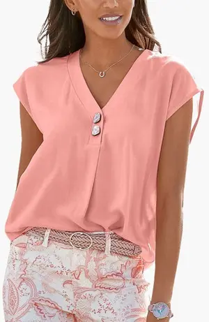 LASCANA V-neck Button Detail Blouse - Apricot