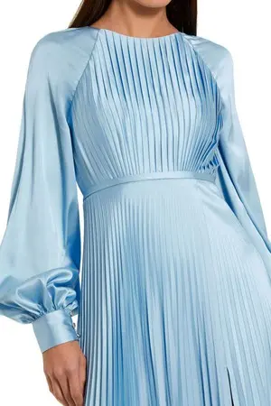 Mac Duggal Pleated High Neck Raglan Long Sleeve Gown - Ice Blue