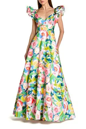 Mac Duggal Printed Mikado V-neck Ballgown With Ruffle Sleeves - Blue Multi