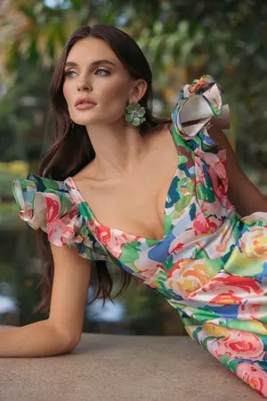 Mac Duggal Printed Mikado V-neck Ballgown With Ruffle Sleeves