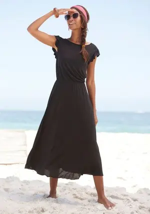 LASCANA Flutter Sleeve Maxi Dress - Black