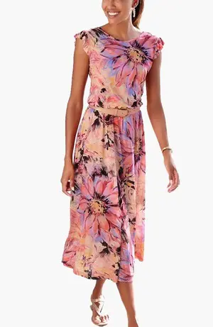 LASCANA Flutter Sleeve Maxi Dress - Pink-printed