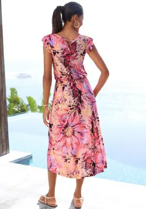 LASCANA Flutter Sleeve Maxi Dress - Pink-printed