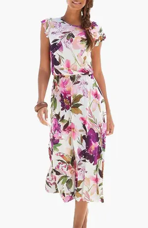 LASCANA Flutter Sleeve Maxi Dress - White Printed