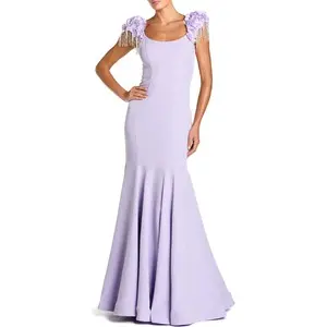 Mac Duggal Scoop Neck Mermaid Gown With Embellished Sleeves - Lilac