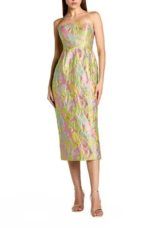 Mac Duggal Strapless Floral Brocade Midi Dress - Blush Multi