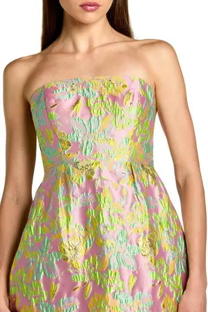 Mac Duggal Strapless Floral Brocade Midi Dress - Blush Multi