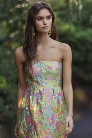 Mac Duggal Strapless Floral Brocade Midi Dress - Blush Multi