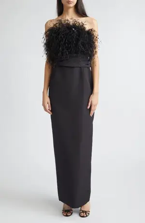 Oscar De La Renta Feather-embroidered Strapless Silk Faille Gown