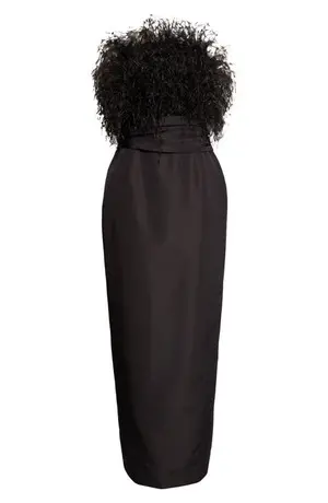 Oscar De La Renta Feather-embroidered Strapless Silk Faille Gown