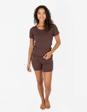LEVERET Short Cotton Solid Pajama Set Brown