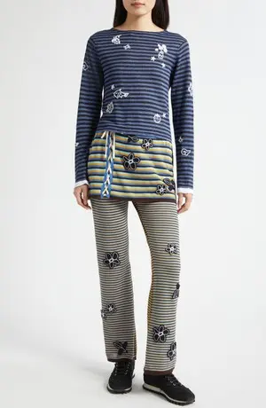 YANYAN Romy Stripe & Flower Lace-up Cotton-blend Skirted Pants