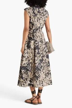 Brunello Cucinelli Belted Printed Cotton-poplin Midi Shirt Dress