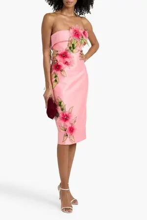 Badgley Mischka Strapless Floral-appliquéd Satin-twill Dress
