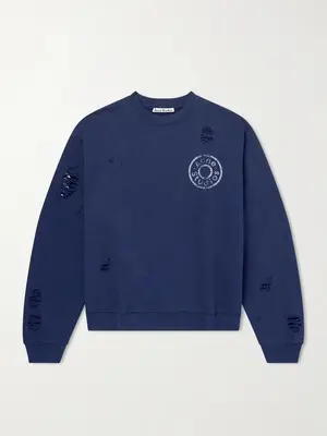 Acne Studios Oversized Distressed Logo Print Cotton Blend Jersey Sweatshirt - Blue