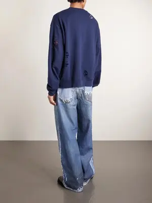 Acne Studios Oversized Distressed Logo Print Cotton Blend Jersey Sweatshirt - Blue
