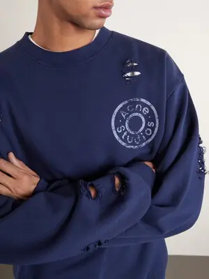 Acne Studios Oversized Distressed Logo Print Cotton Blend Jersey Sweatshirt - Blue