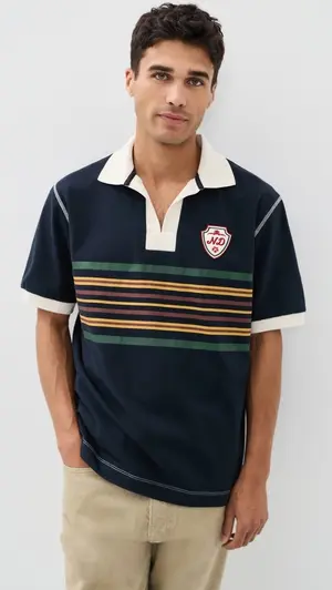NICHOLAS DALEY Short Sleeve Striped Rugby Polo - Navy