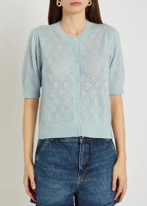 FRAME Pointelle Cashmere Puff Sleeve Cardigan - Light Blue