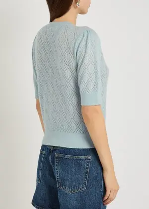 FRAME Pointelle Cashmere Puff Sleeve Cardigan - Light Blue