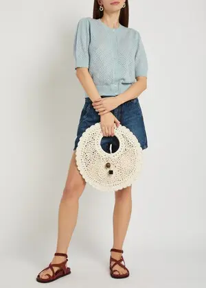 FRAME Pointelle Cashmere Puff Sleeve Cardigan - Light Blue
