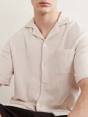 Fedeli Camp-collar Cotton-terry Shirt - Neutrals