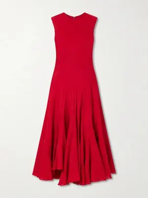 Tory Burch Asymmetric Paneled Cotton And Silk-blend Midi Dress - Red