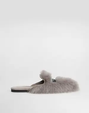 Dolce & Gabbana Shearling And Suede Slippers - Grey