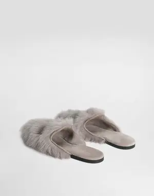 Dolce & Gabbana Shearling And Suede Slippers - Grey