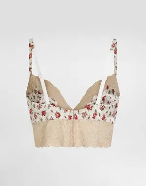 Dolce & Gabbana Small Rose-print Satin And Lace Bra