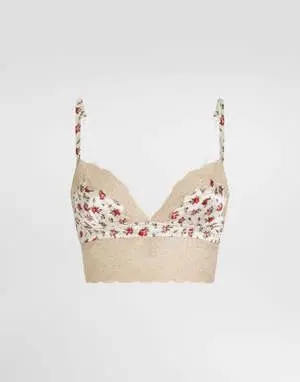 Dolce & Gabbana Small Rose-print Satin And Lace Bra