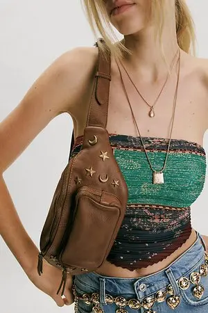 Free People Sonar Studded Leather Sling Bag - Cognac