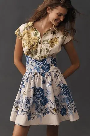 Maeve Cap-sleeve Waisted Mini Shirt Dress - Yellow Pattern
