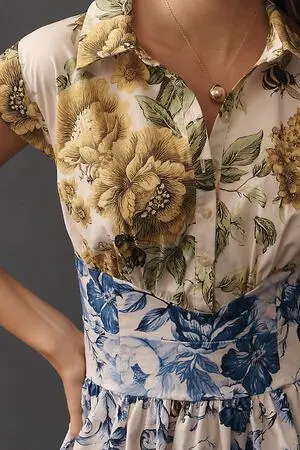 Maeve Cap-sleeve Waisted Mini Shirt Dress - Yellow Pattern