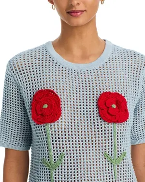 Aqua Knit Crochet Trim Top