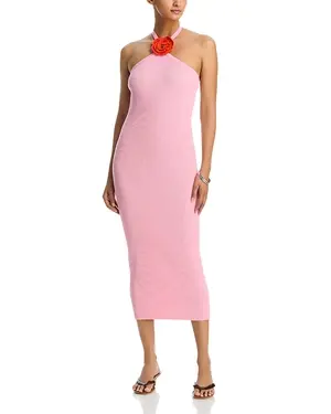 Aqua Asymmetric Neck Rosette Trim Dress - Pink