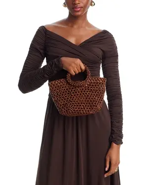Aqua Woven Beaded Top Handle Bag - Brown